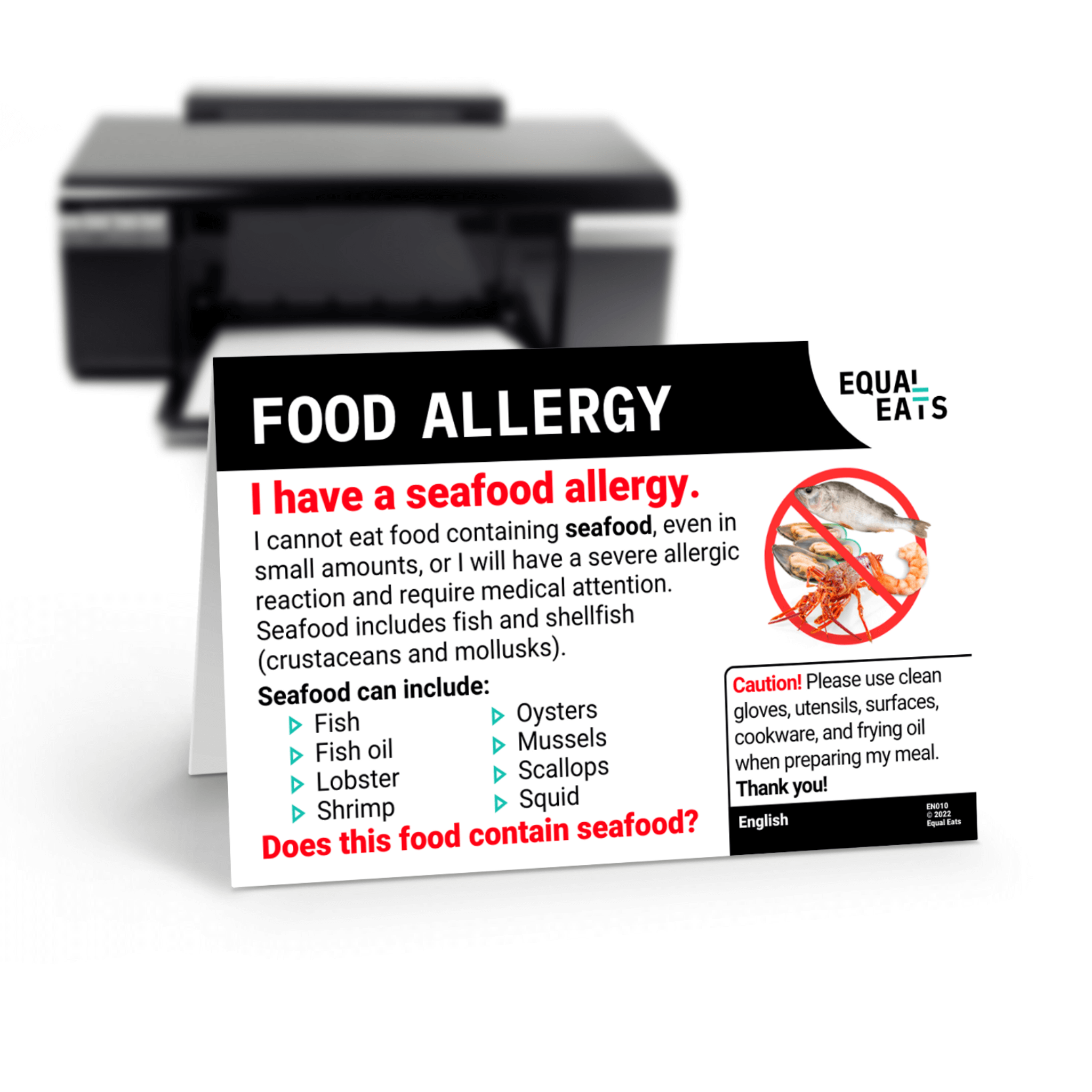 Free Seafood Allergy Card | Downloadable Seafood Card | Printable ...